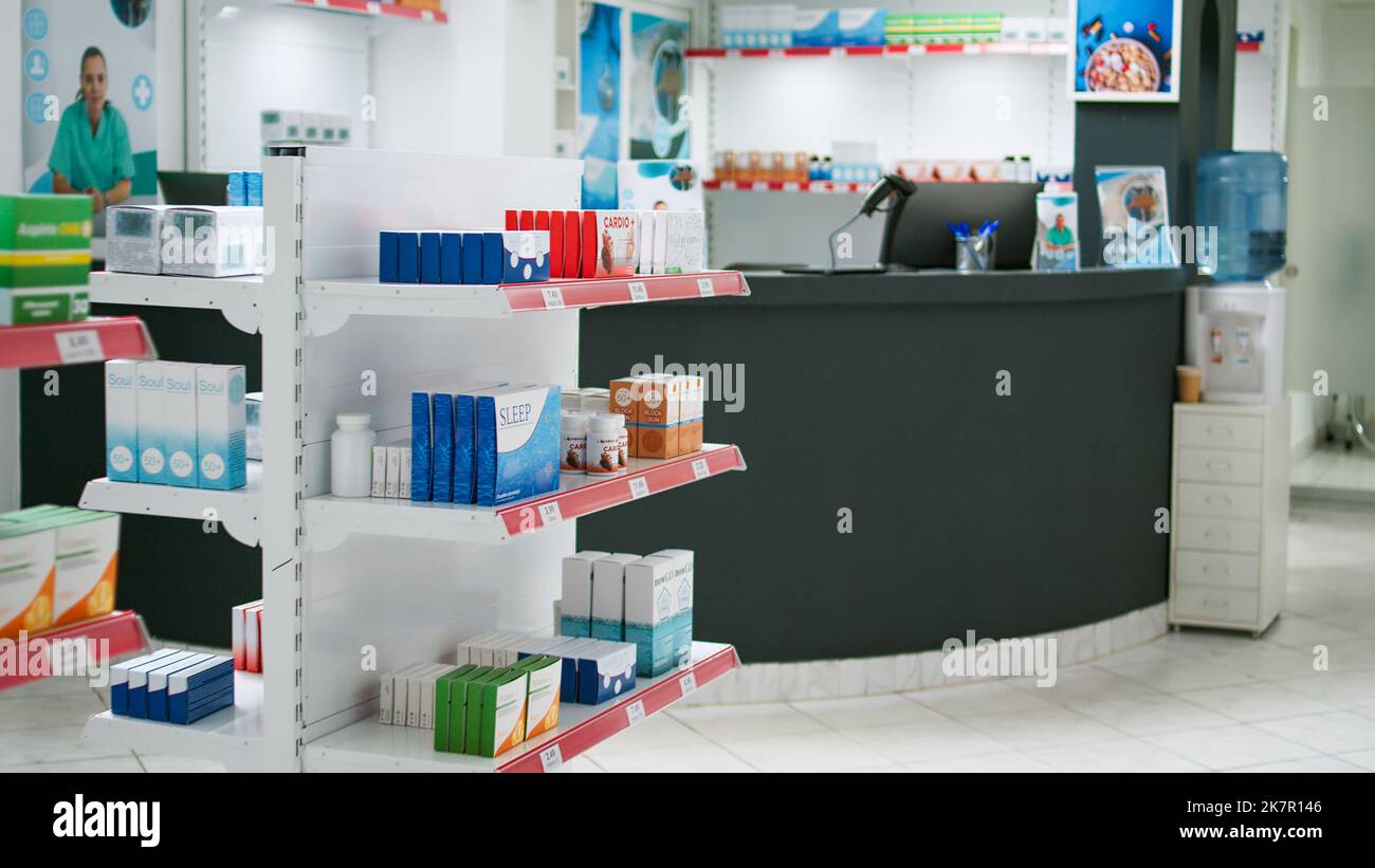 Empty pharmaceutical retail store filled with medicaments and vitamins ...