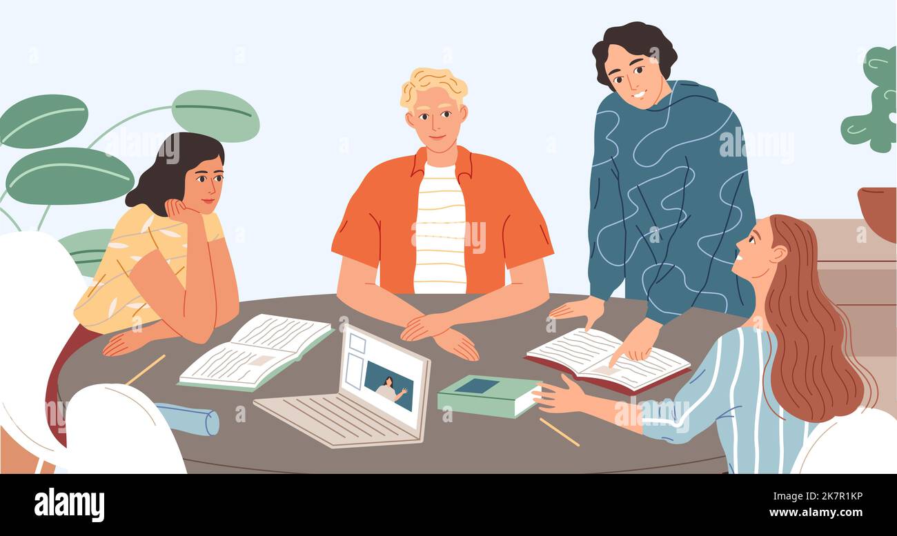 Group of students studying together. Young people sitting at the table ...