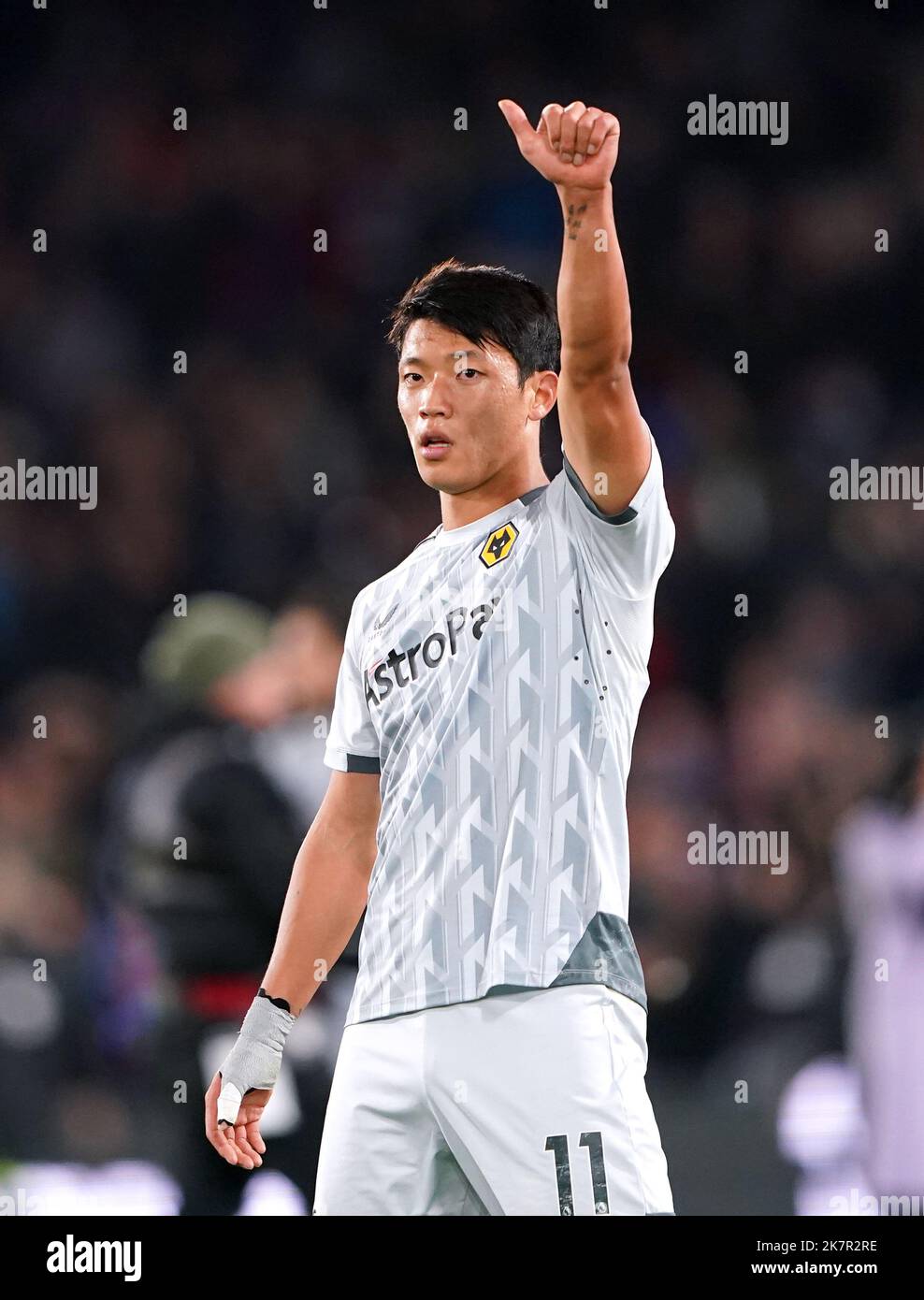 Wolverhampton Wanderers' Hwang Hee-chan gestures to the fans at the end ...