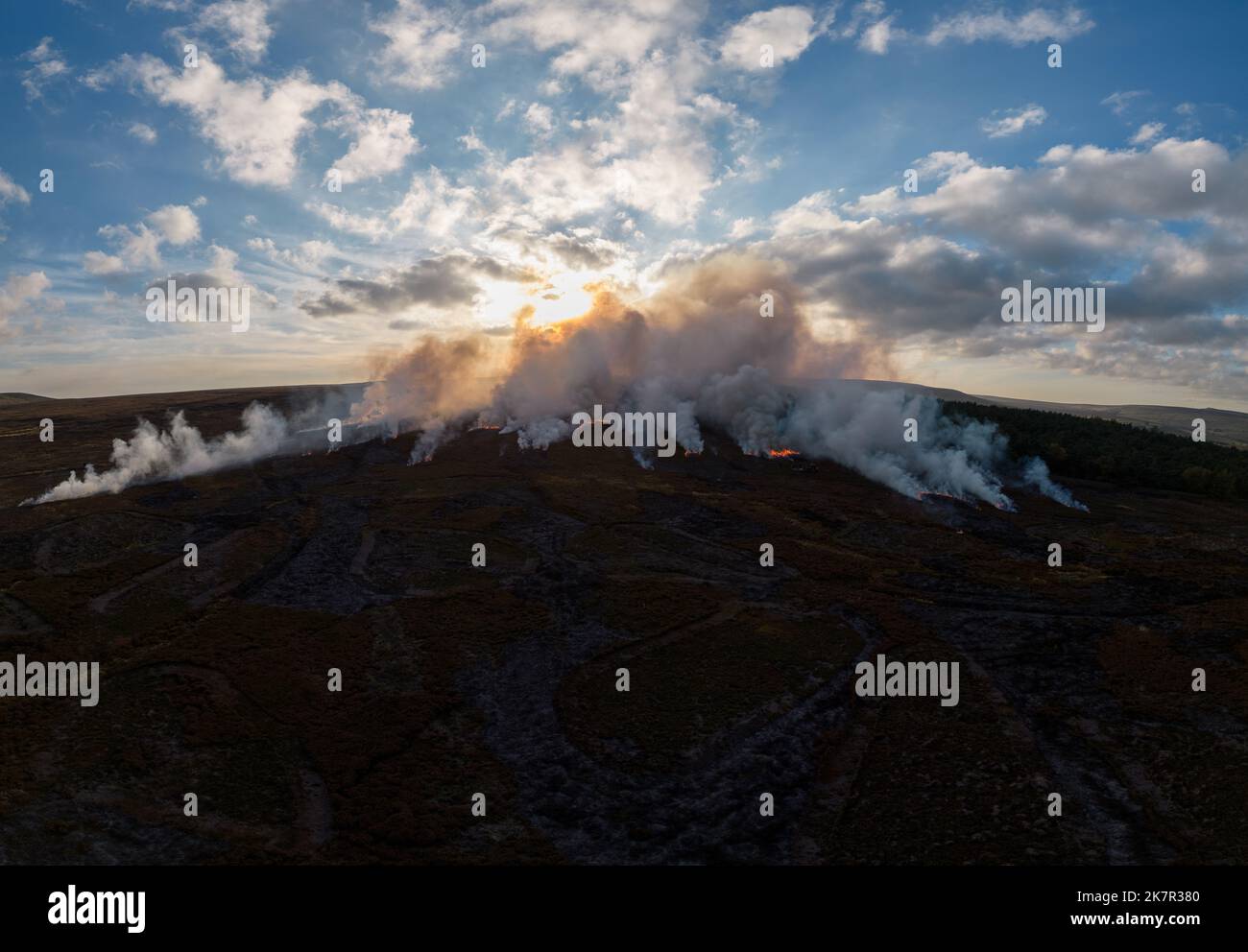 Heather burning on moorland above Holmfirth in West Yorkshire, long ...