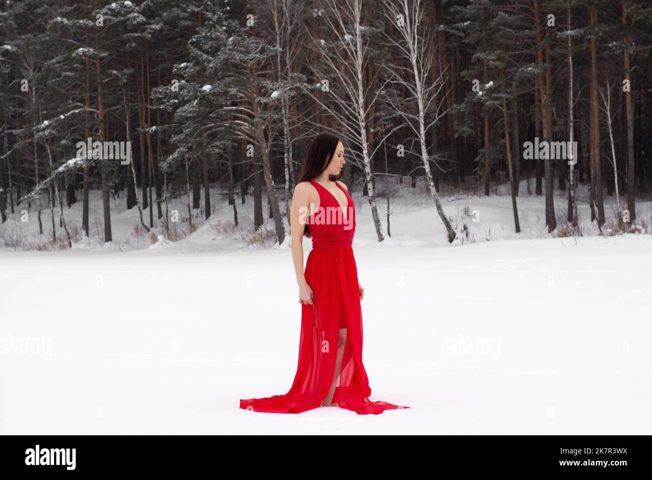 beautiful brunette girl in a thin red dress and barefoot in the winter forest Stock Photo - Alamy