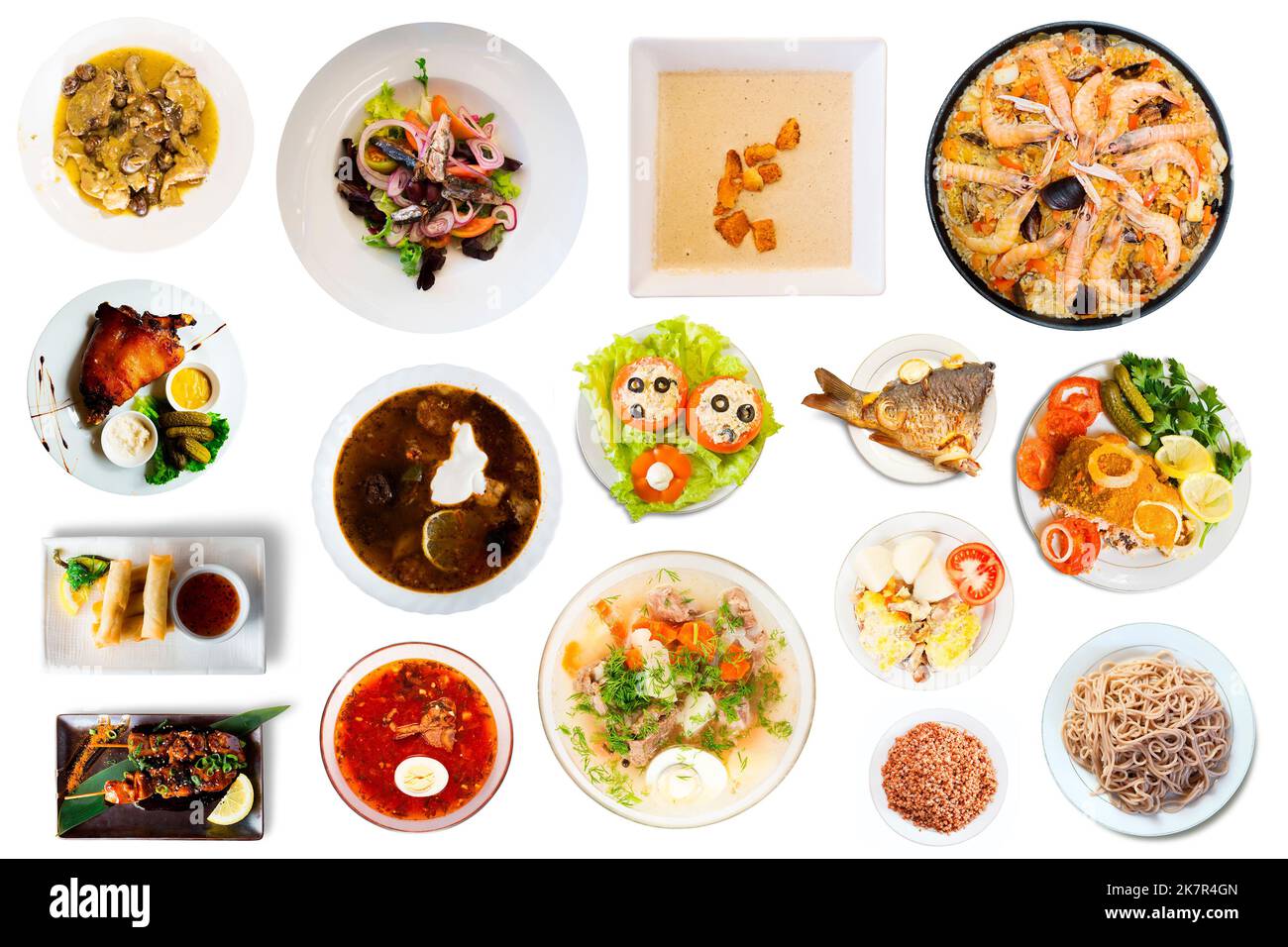 Set of many plates with food over white background Stock Photo - Alamy