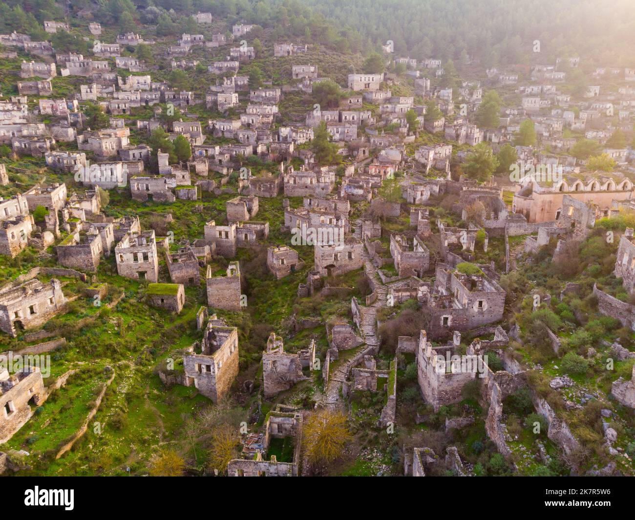 View from drone of ancient ruined settlement of Kayakoy, Turkey Stock ...