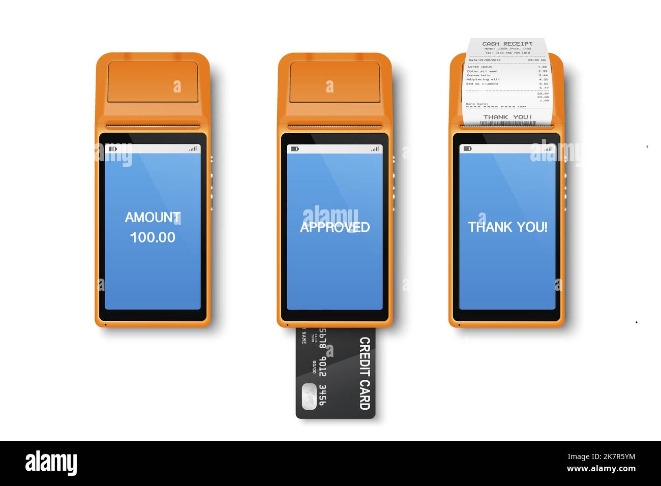 Vector 3d Realistic Orange Wi-Fi Payment Machine, Credit Card, Receipt. POS Terminal Isolated ...