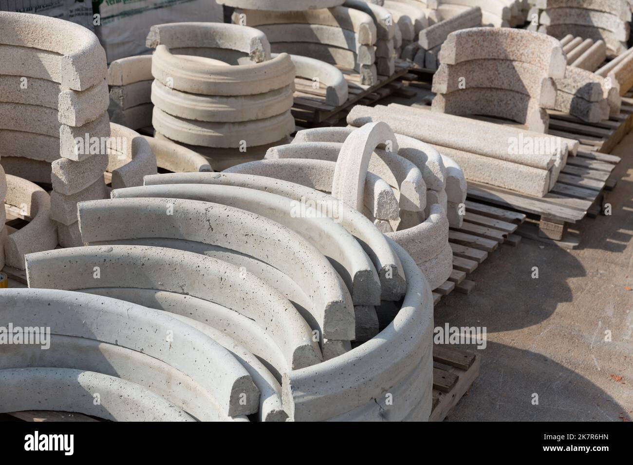 Semicircular rings made of concrete on pallets of hardware store Stock ...