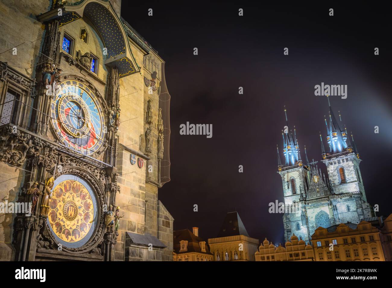 Astronomical clock in Prague old town square at night, Czech Republic ...