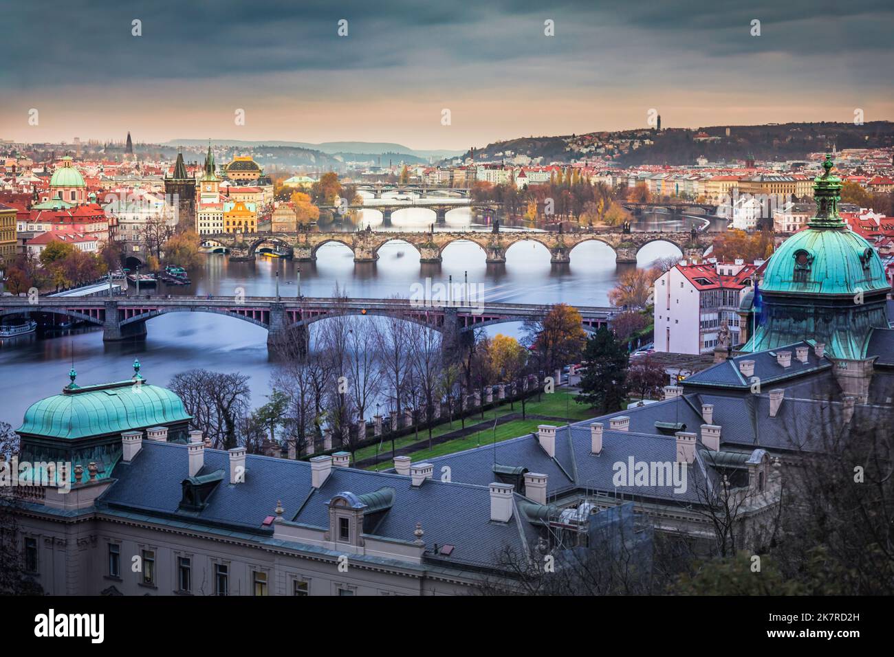 Above Prague old town bridges and river Vltava at dawn, Czech Republic ...