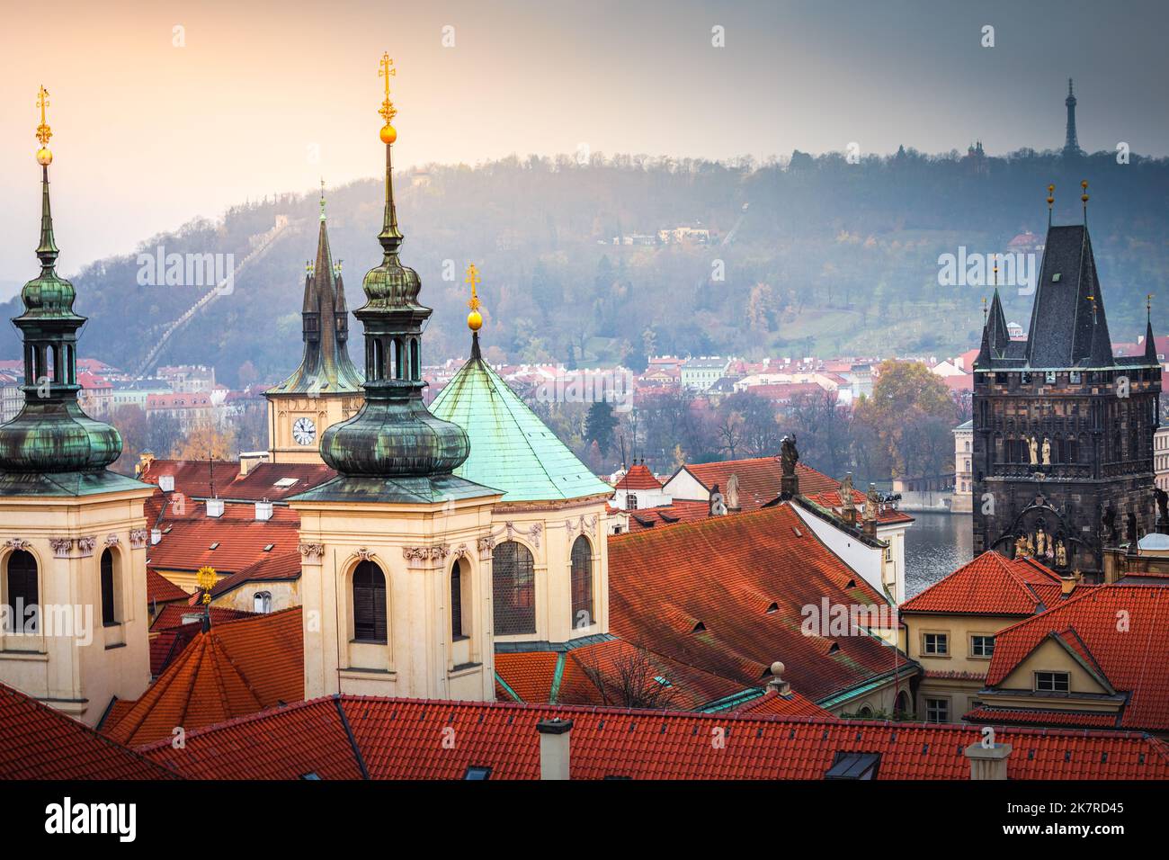 Above medieval Prague old town towers and domes at evening, Czech Stock ...