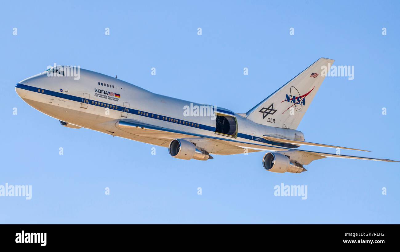 NASA’s Stratospheric Observatory for Infrared Astronomy (SOFIA), a Boeing 747SP aircraft, flies ...