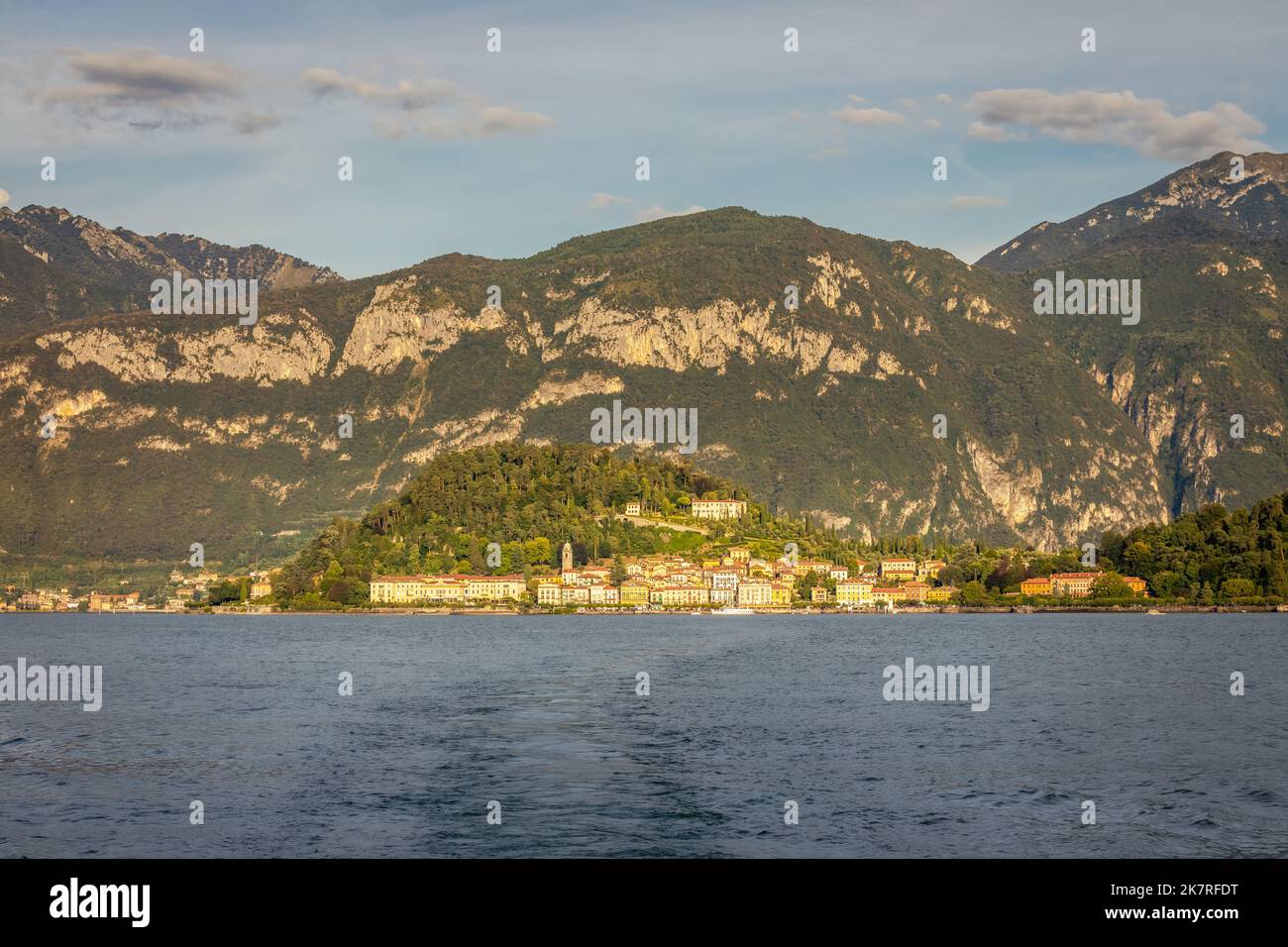 Mountains and Bellagio skyline, view from Lake Como at sunset, northern ...