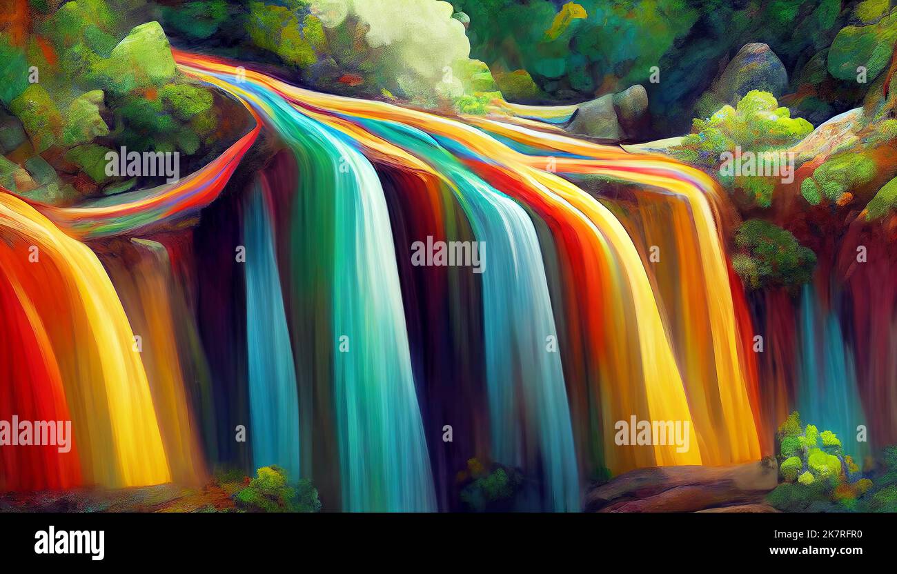 Colorful waterfall river flow in forest. Digital illustration Stock ...