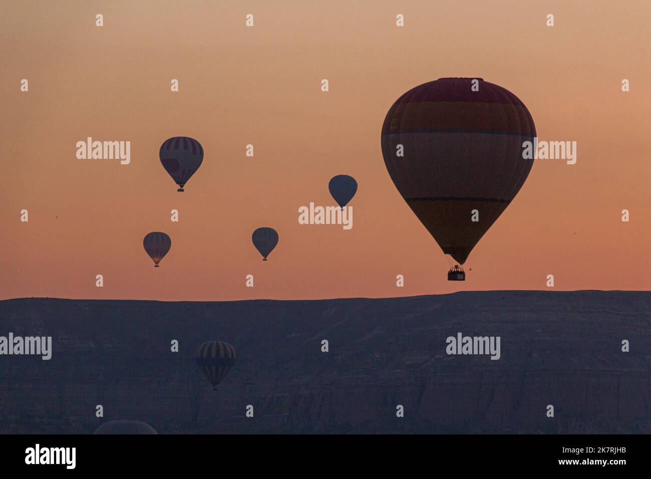 Early morning view of hot air balloons above Cappadocia, Turkey Stock ...