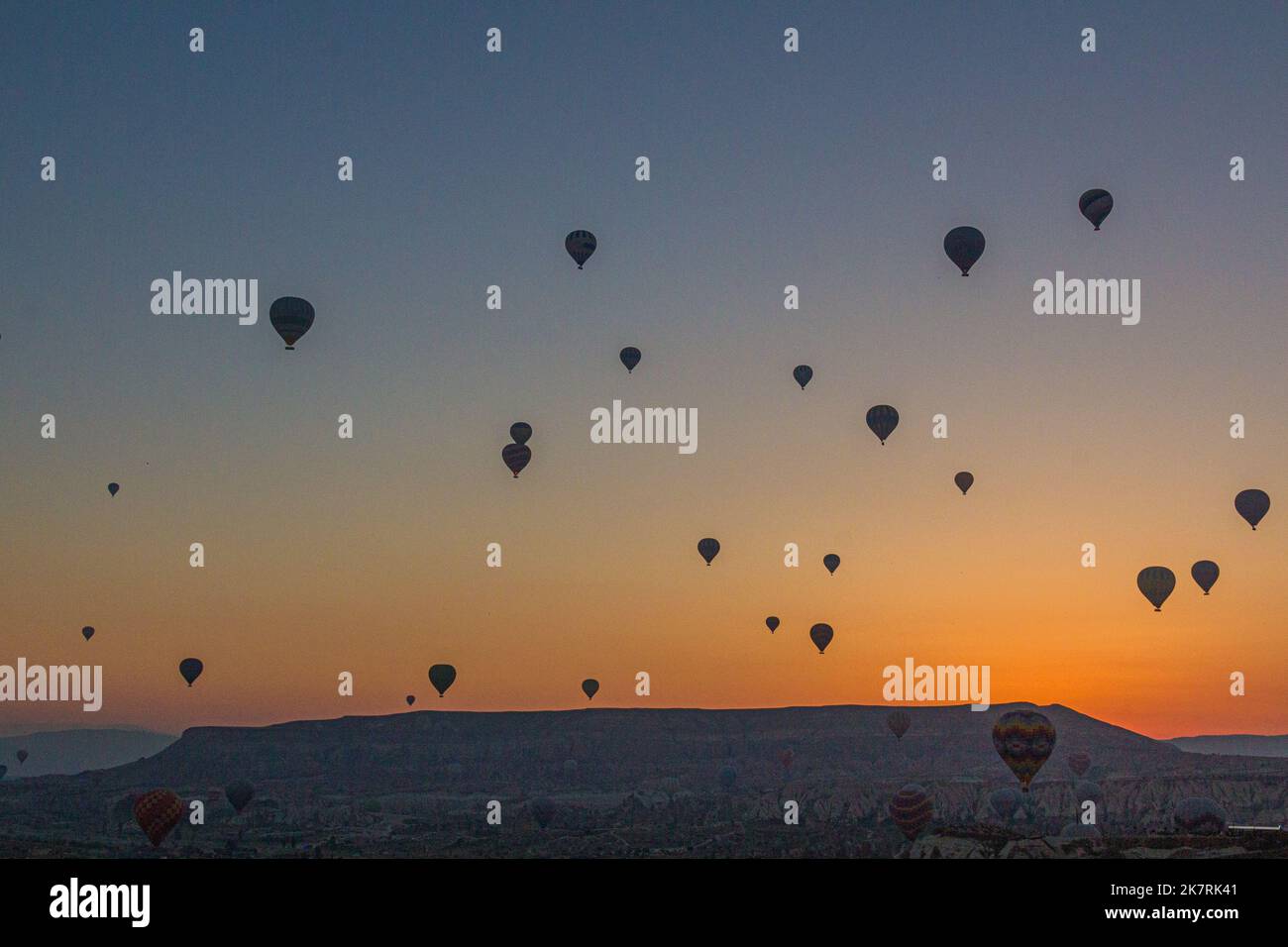 Aerial view of hot air balloons above Cappadocia, Turkey Stock Photo ...