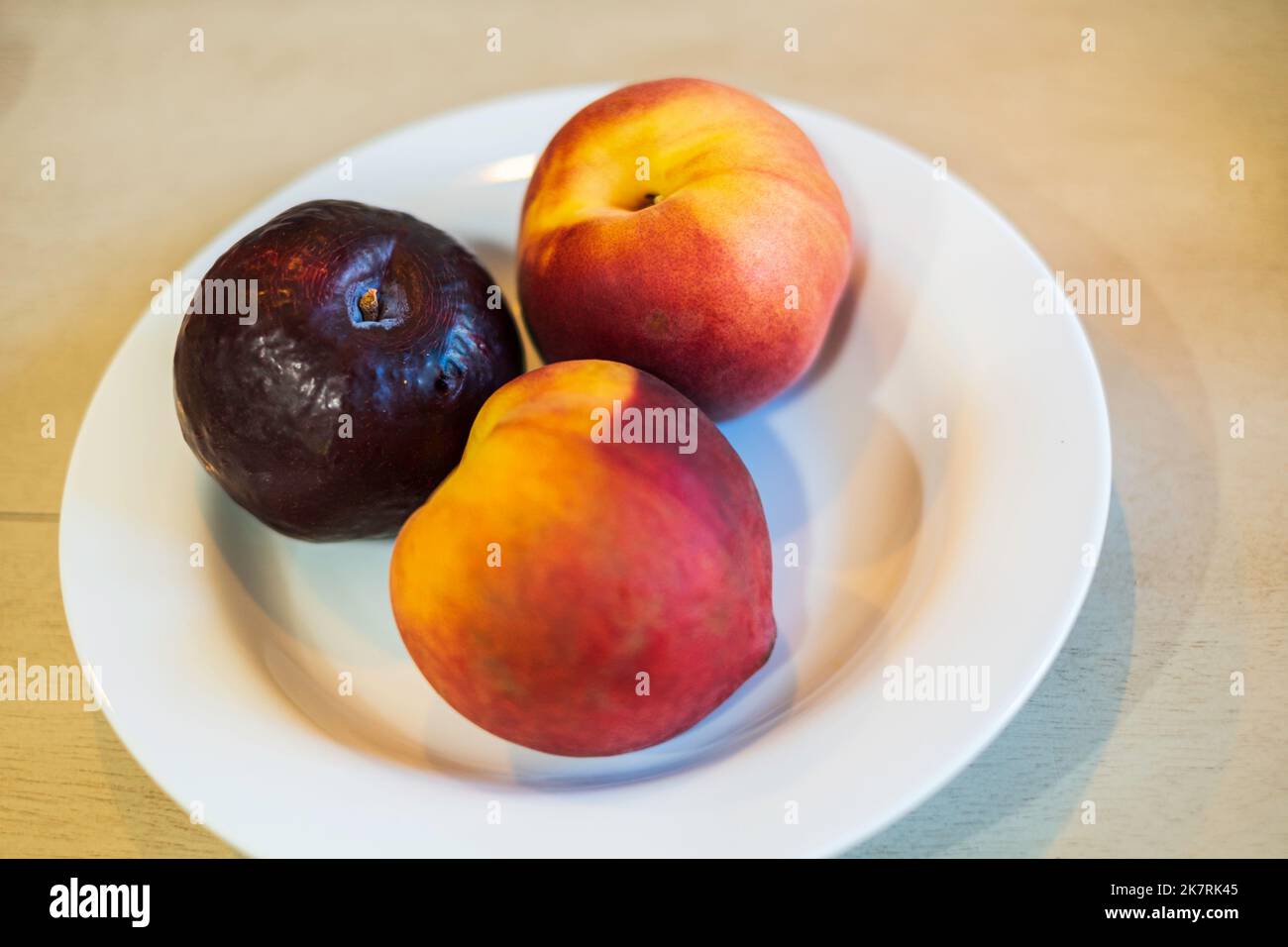 A whole plum and two whole nectarines on a white plate. USA Stock Photo ...