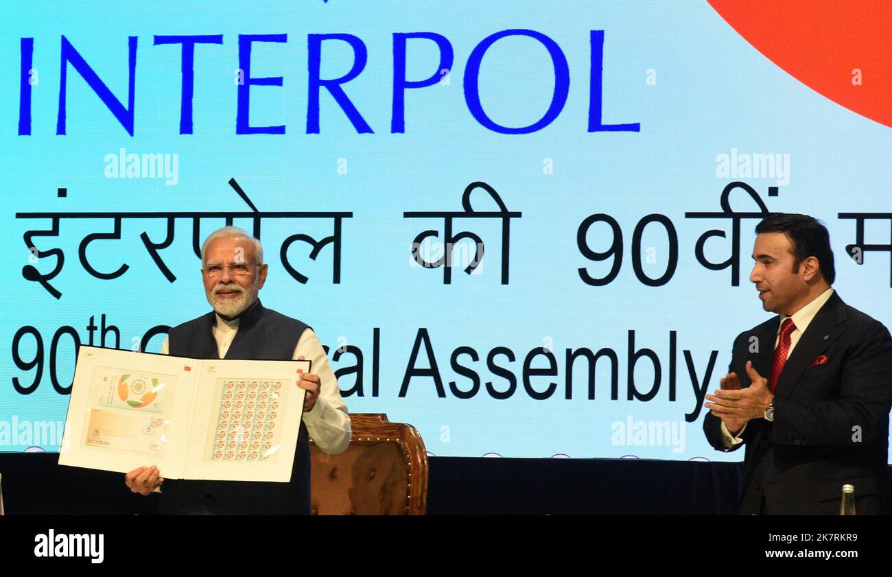 NEW DELHI, INDIA - OCTOBER 18: Prime Minister Narendra Modi with Interpol President Ahmed Naser ...