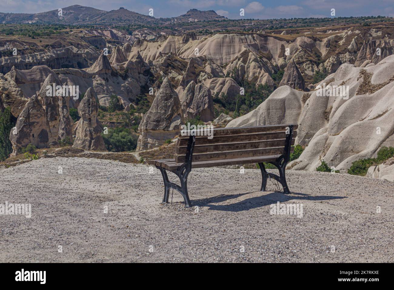 Bench at the Pigeon valley viewpoint in Cappadocia, Turkey Stock Photo ...