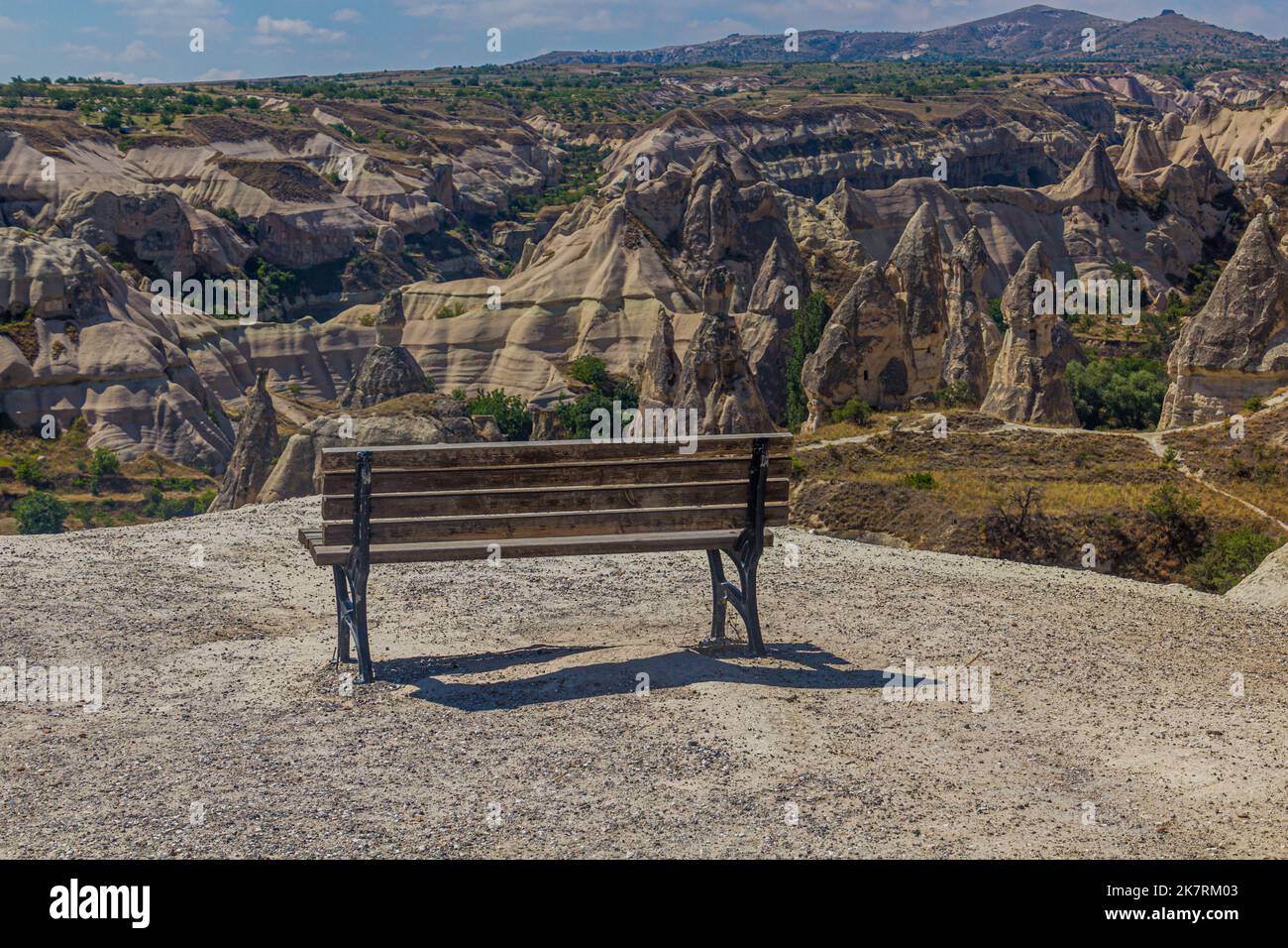 Bench at the Pigeon valley viewpoint in Cappadocia, Turkey Stock Photo ...
