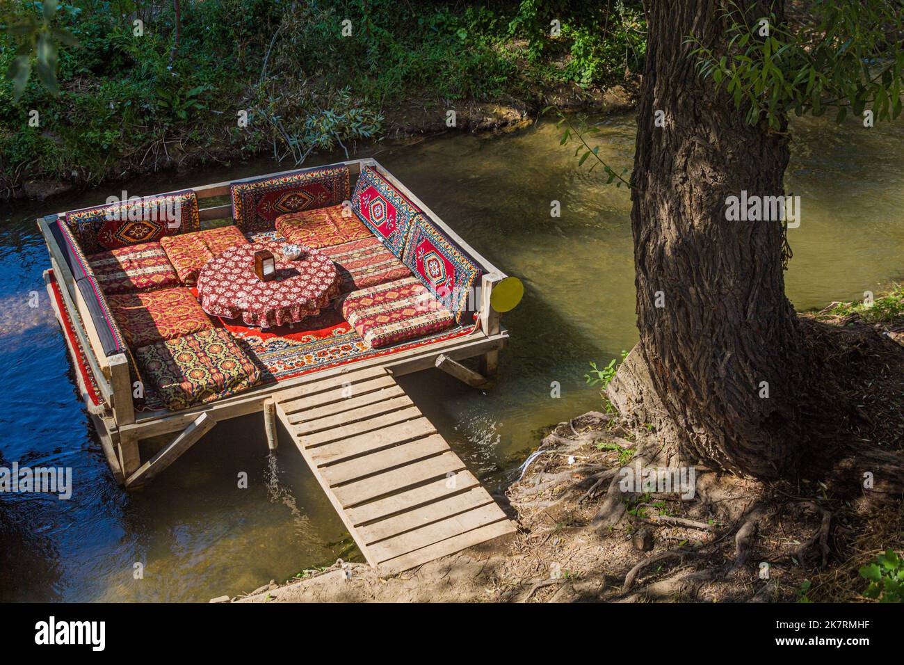 Restaurant platform on a river in Ihlara valley in Cappadocia, Turkey ...