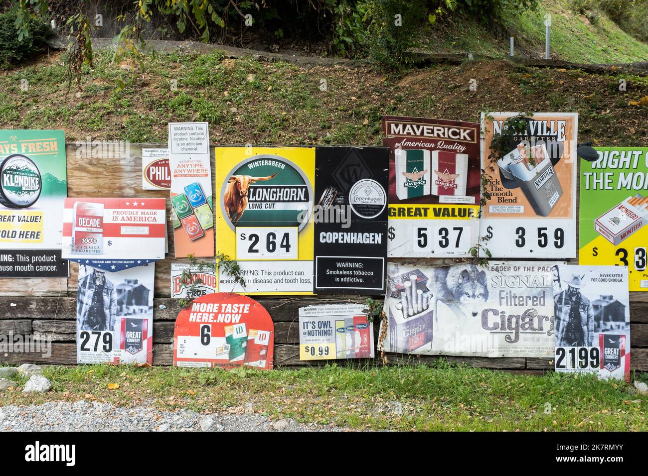 Cigarette advertising on a wall outside in the town of Cherokee, North ...