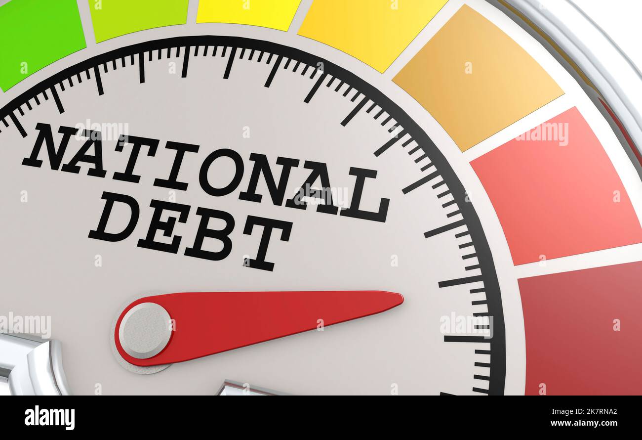 National debt level measuring scale with color indicator, 3d rendering ...