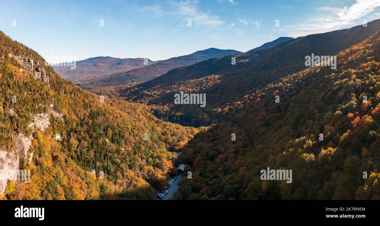 Aerial panorama of Smugglers Notch looking to the north in fall colors ...