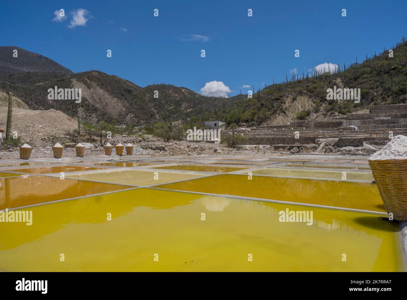 View of the saline pools and baskets of drying salt at a salt mining ...