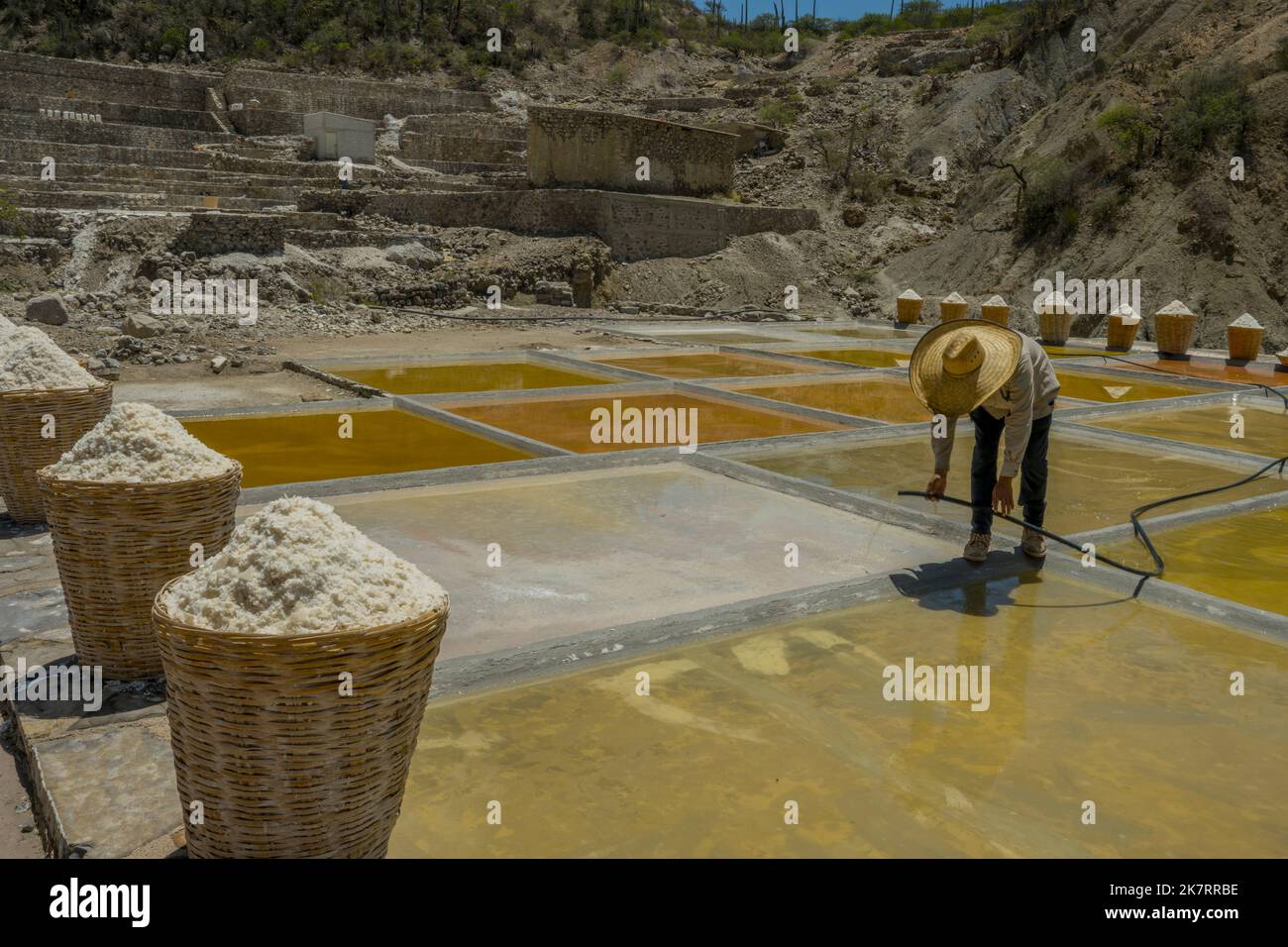 A man is working in the saline pools at a salt mining operation in ...