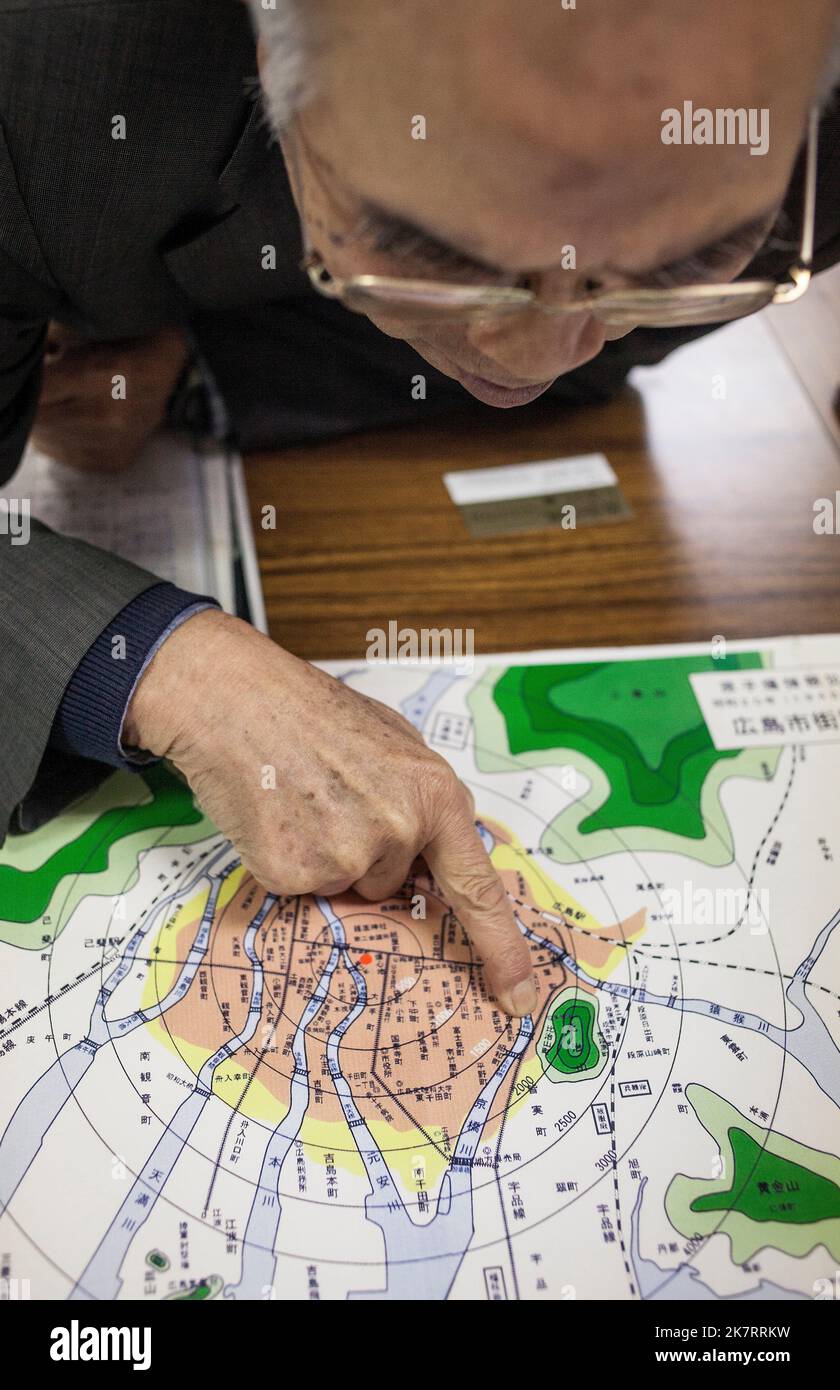 Yukio Yoshioka (born 1929), a Hiroshima atomic bomb survivor, showing ...