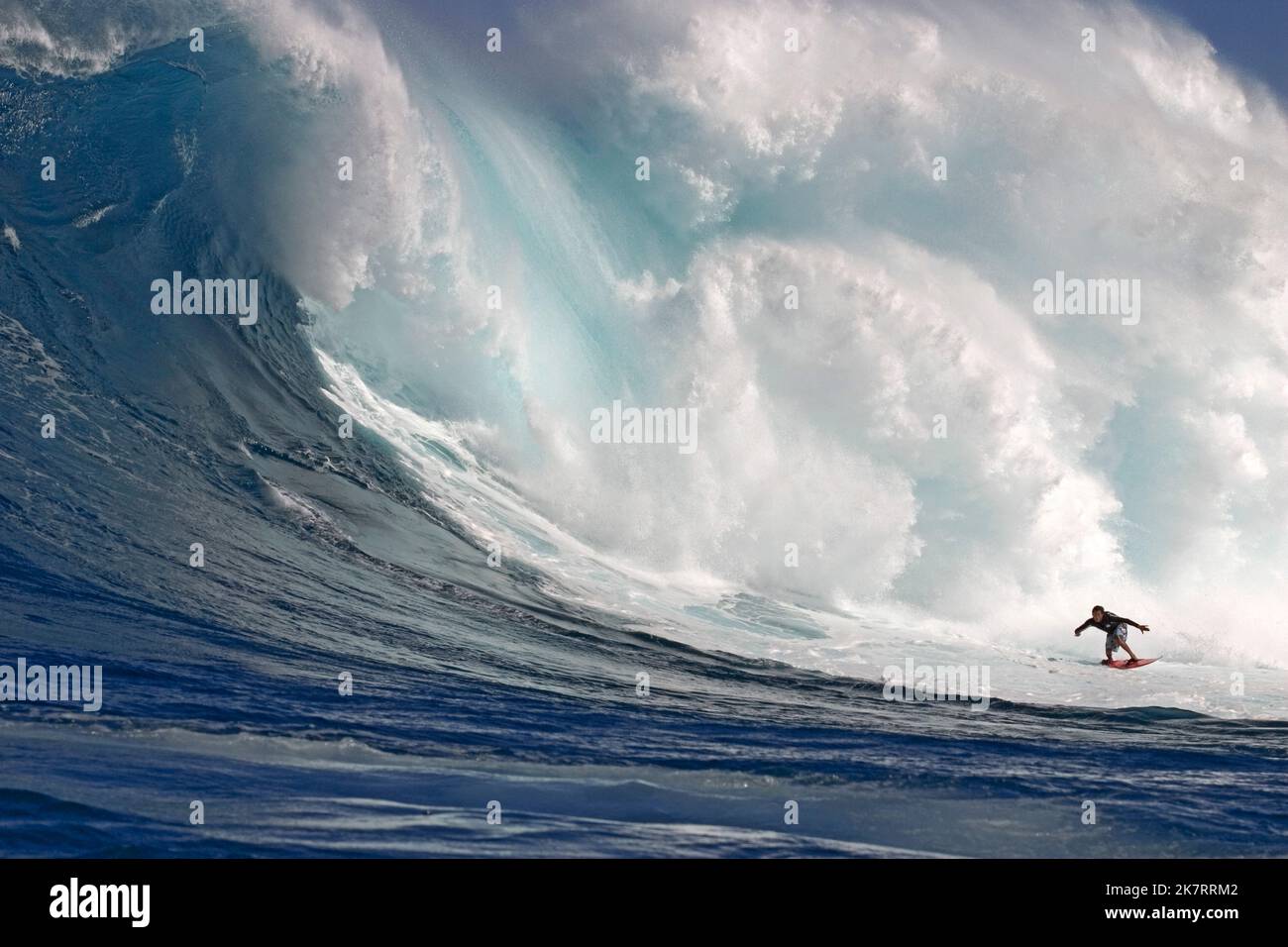 Tow-in surfer dropping to the curl of Hawaii's big surf at Peahi (Jaws ...