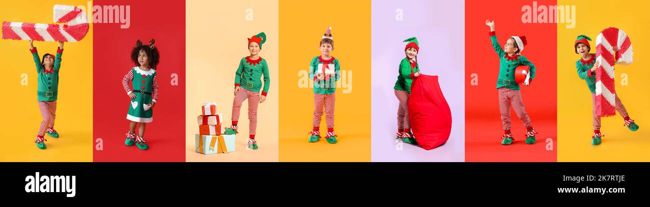 Set of cute little elves on colorful background Stock Photo - Alamy