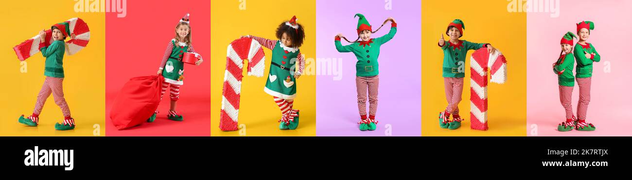 Set of cute little elves on colorful background Stock Photo - Alamy