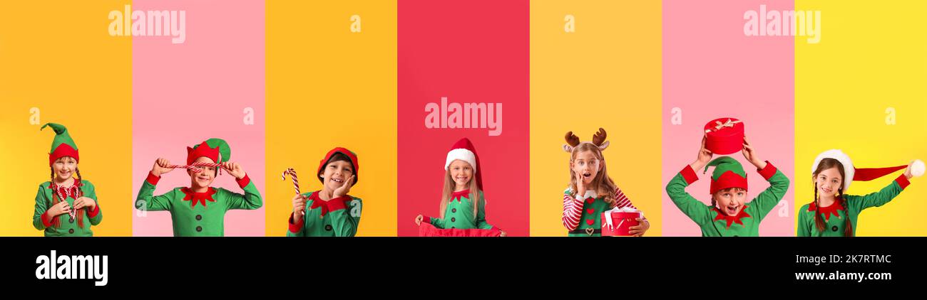Set of cute little elves on colorful background Stock Photo - Alamy