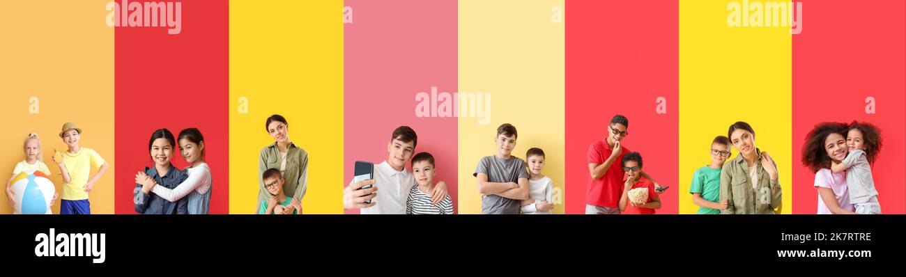 Set of happy brothers and sisters on color background Stock Photo - Alamy