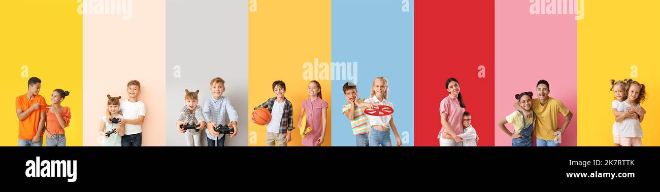 Group of happy brothers and sisters on color background Stock Photo - Alamy