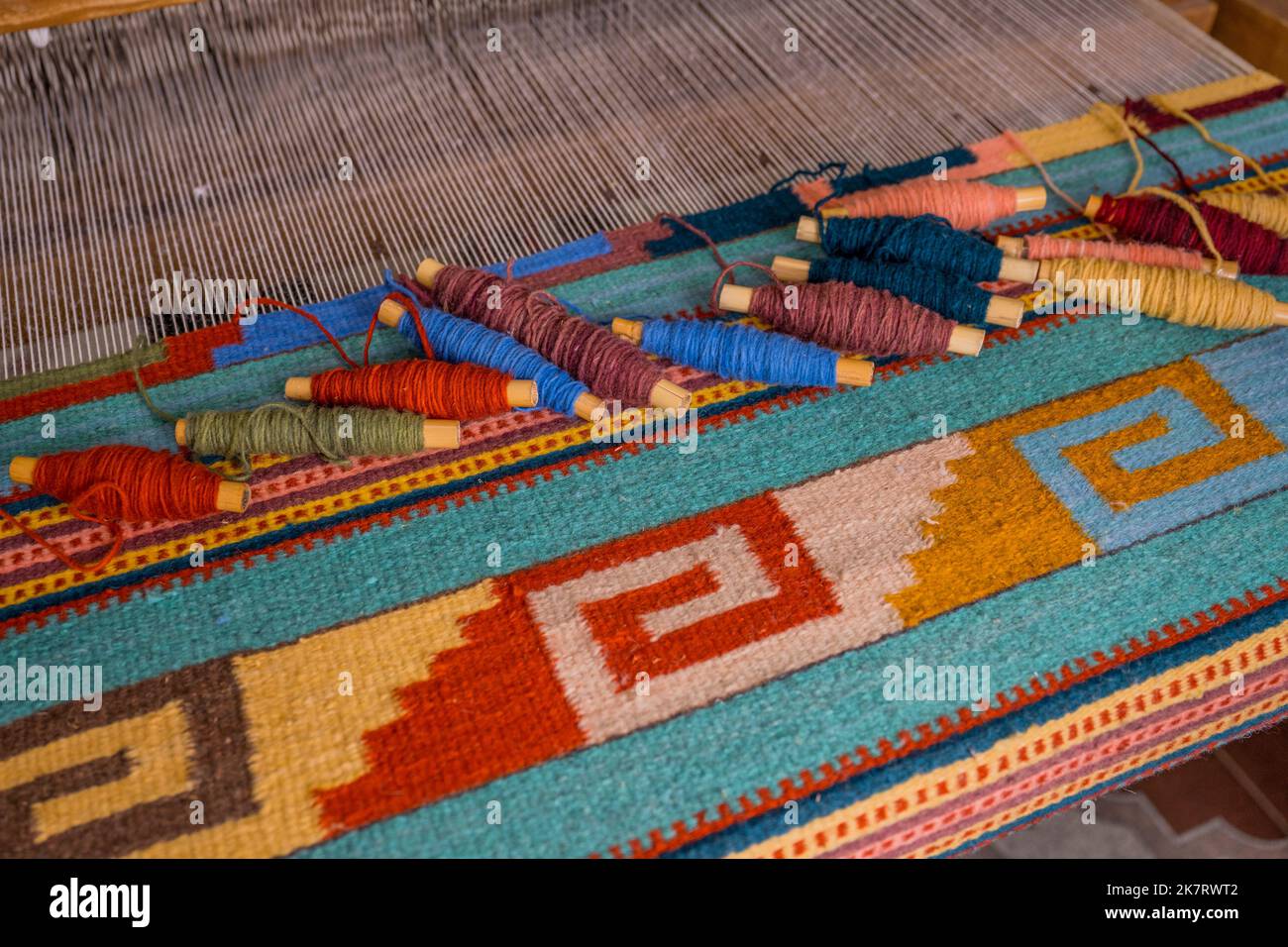 A weaving loom at a weavers home in Teotitlan del Valle, a small town ...