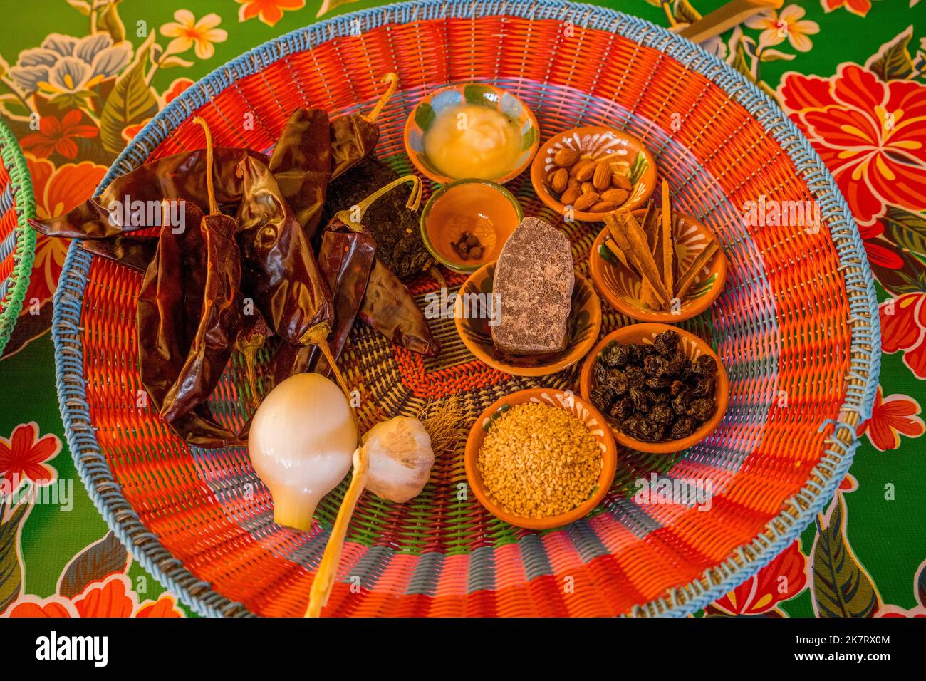 Ingredients for making a red mole (a tradional sauce) in a basket at ...