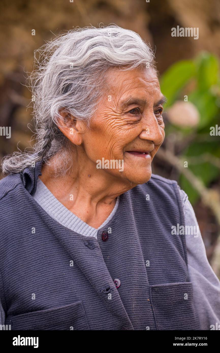 Portrait of an elderly Zapotec woman in the former mining village of ...