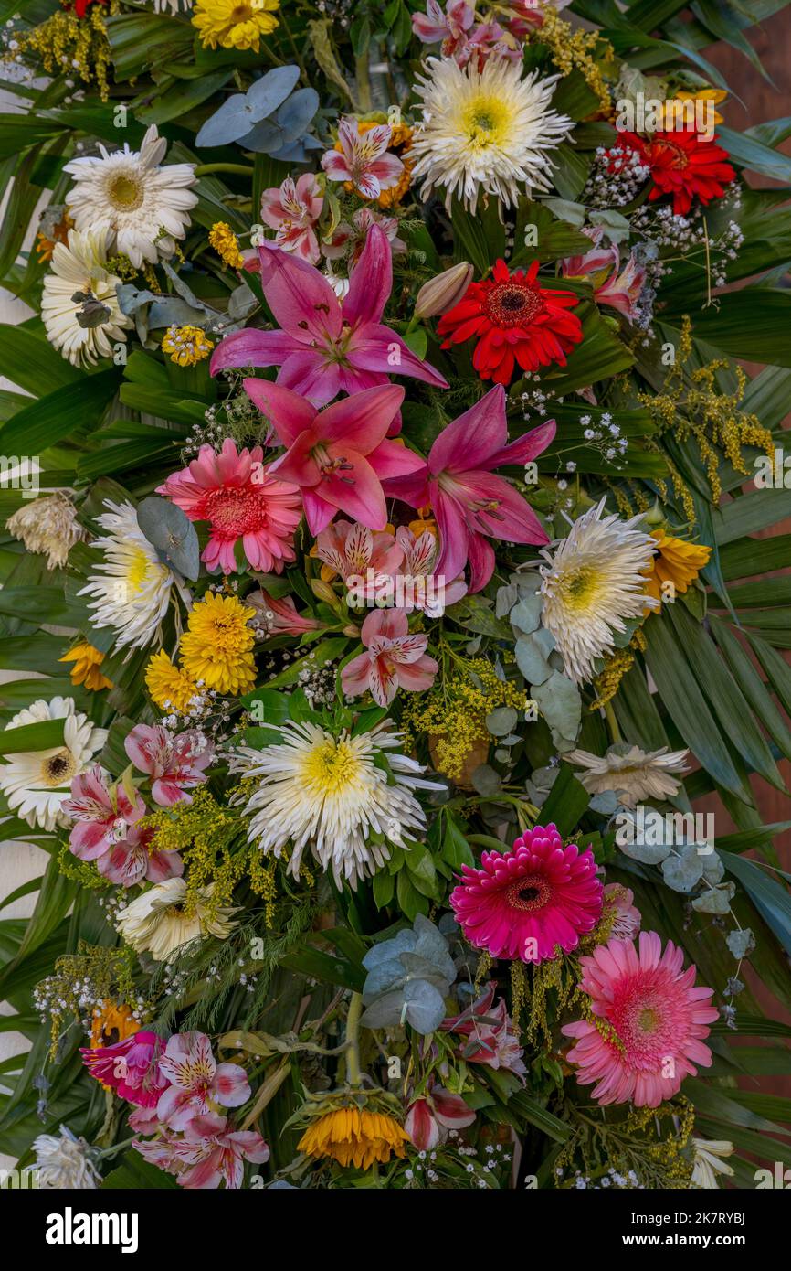 Flower decorations from a wedding on a door of the ancient roofless ...
