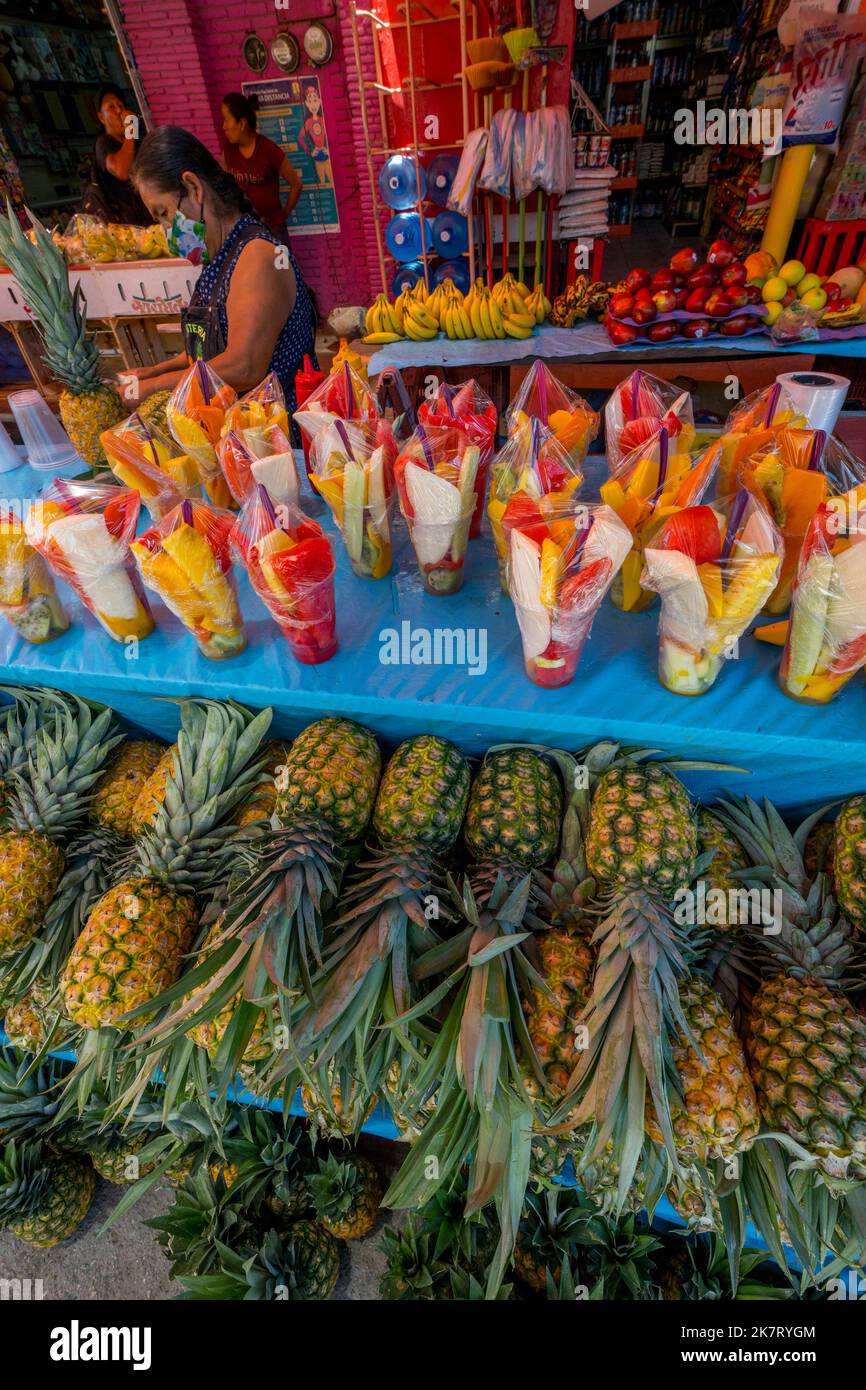 Produce stands on the weekly indigenous market in the small town of ...
