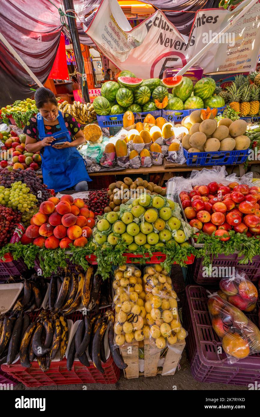 Produce stands on the weekly indigenous market in the small town of ...