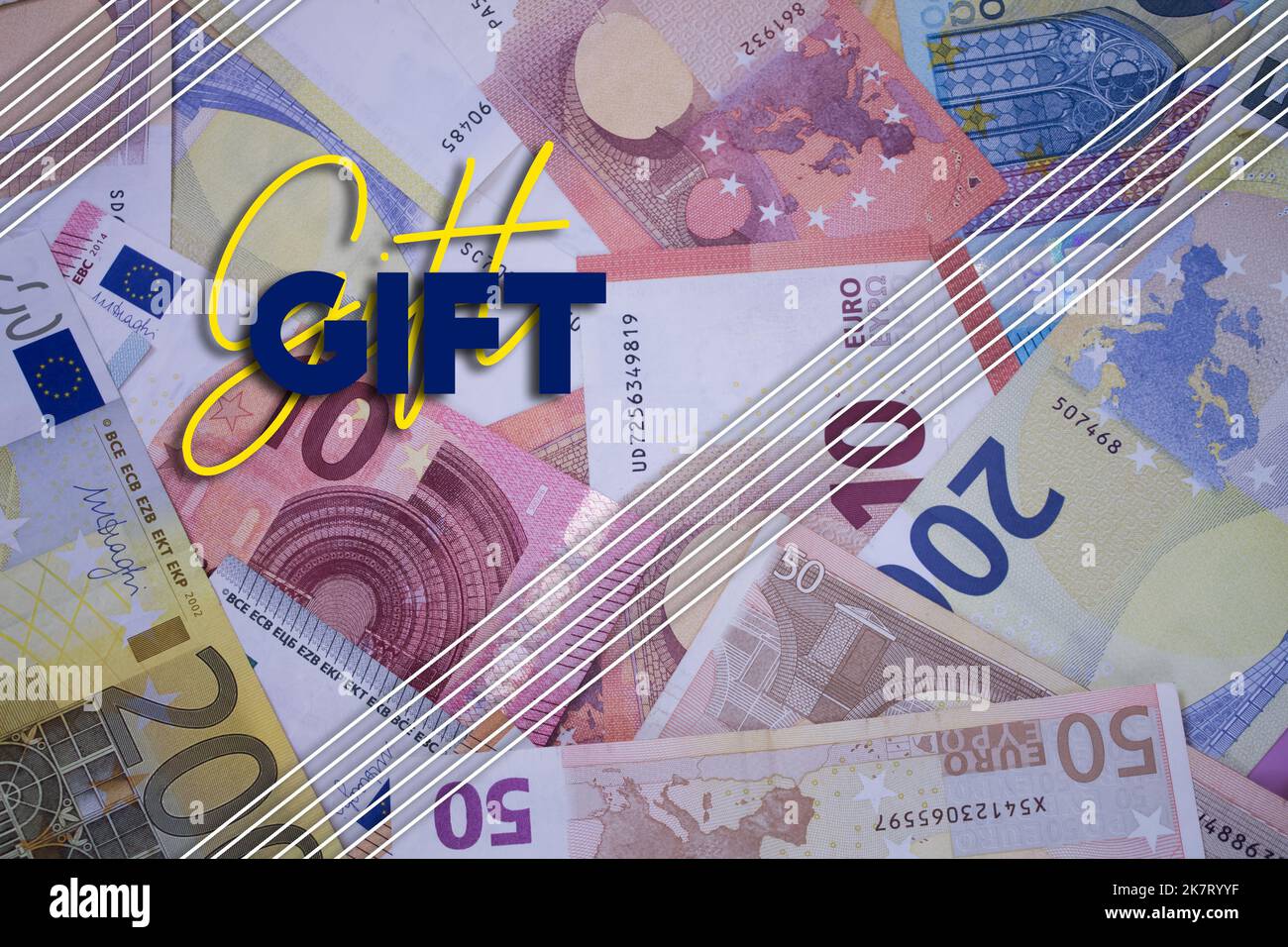 Gift word with money. Paper currency background with different ...