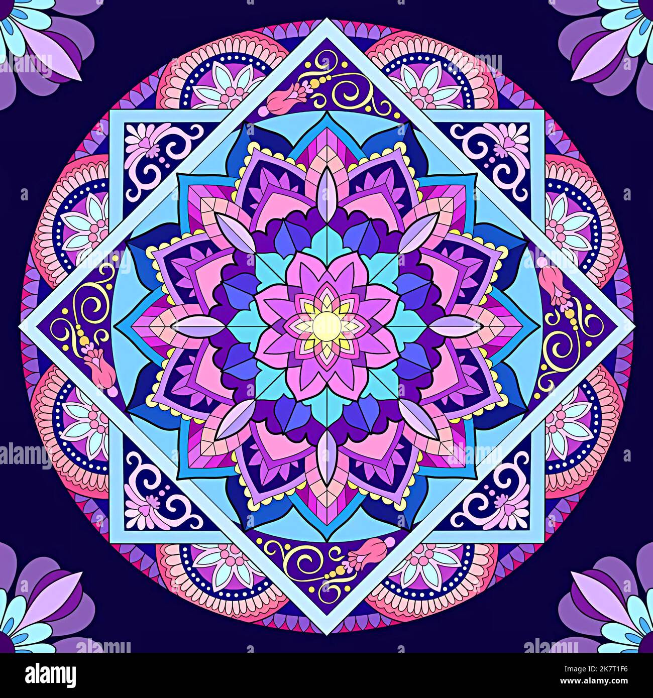 Mandala with a flower shape with a mix of colors, yellow, pink, blue ...