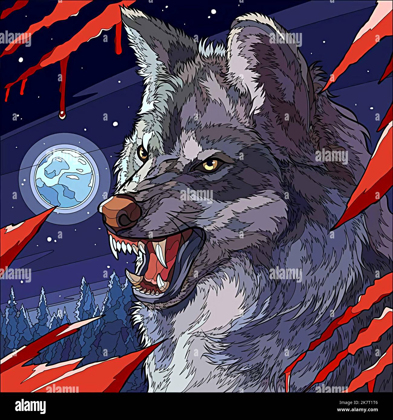 portrait of angry wolf face at night Stock Photo - Alamy
