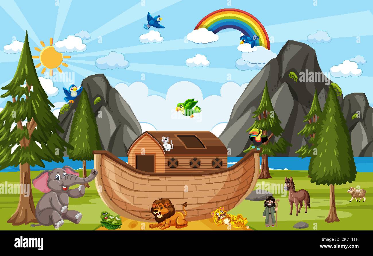 Noah's Ark with wild animals in nature scene illustration Stock Vector Image & Art - Alamy