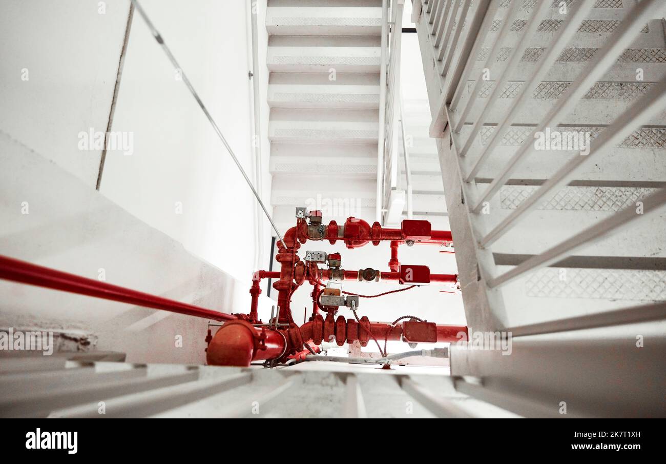 Looking down at emergency shut off water pipes from the top of a ...