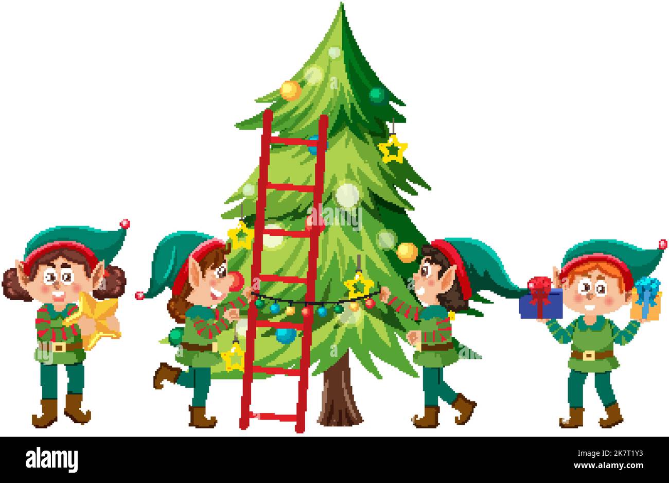 Little elves with Christmas tree illustration Stock Vector Image & Art - Alamy