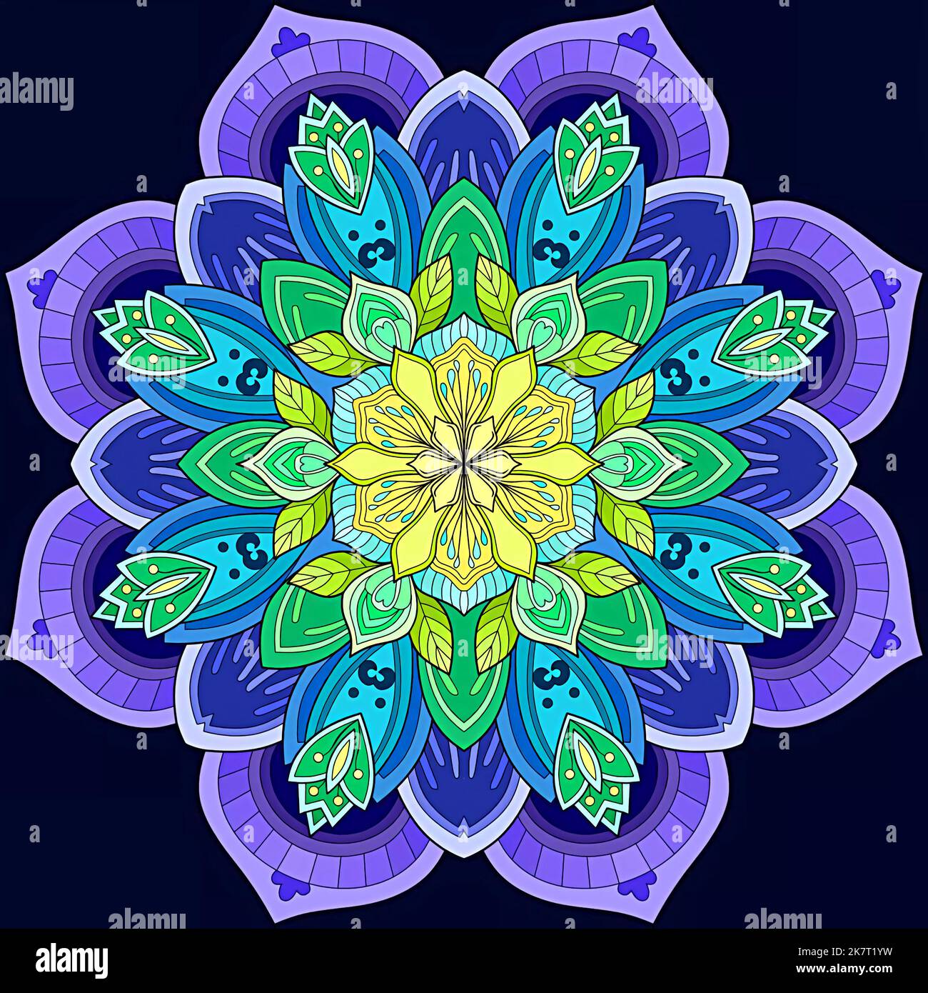 Mandala with a flower shape with a mix of colors, yellow, blue, green ...
