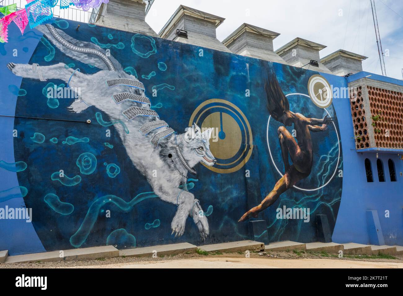 Colorful wolf mural on the wall of the alibrije studio of Jacobo y ...