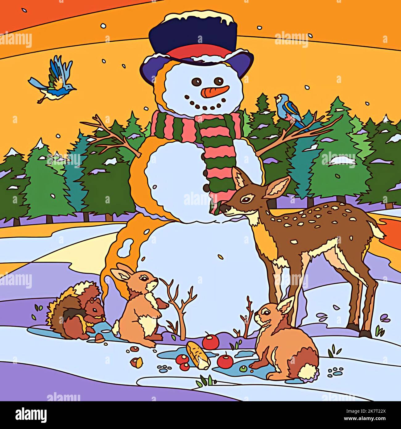 Merry Christmas, illustration of a snowman, animals, a fawn, a bunny, a ...