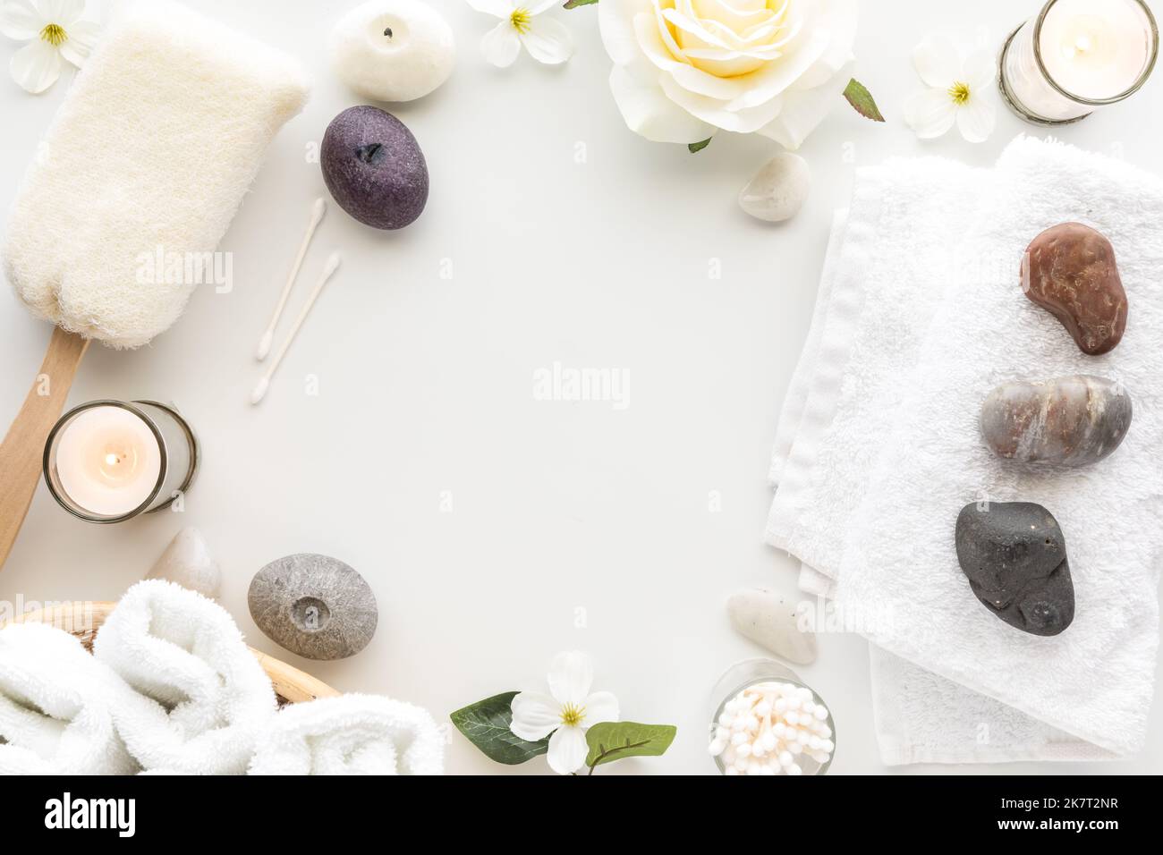 Top down view of spa items forming a border with copy space in the ...